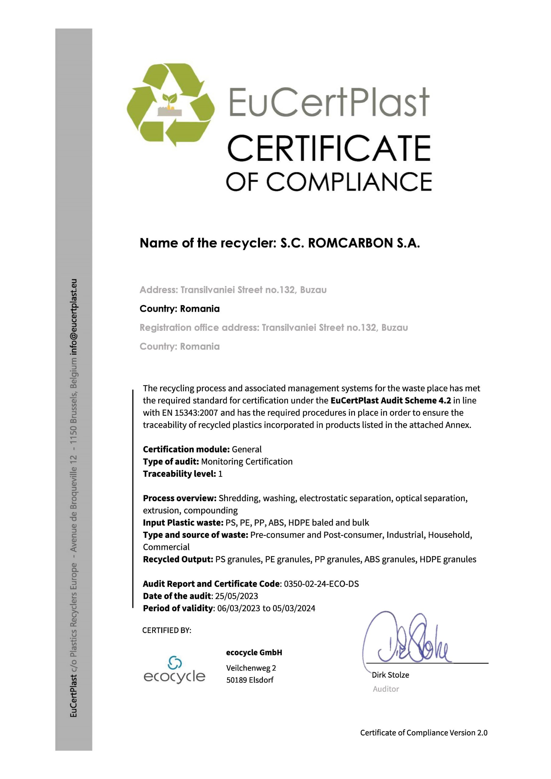 Certification - Romcarbon SA BUZAU