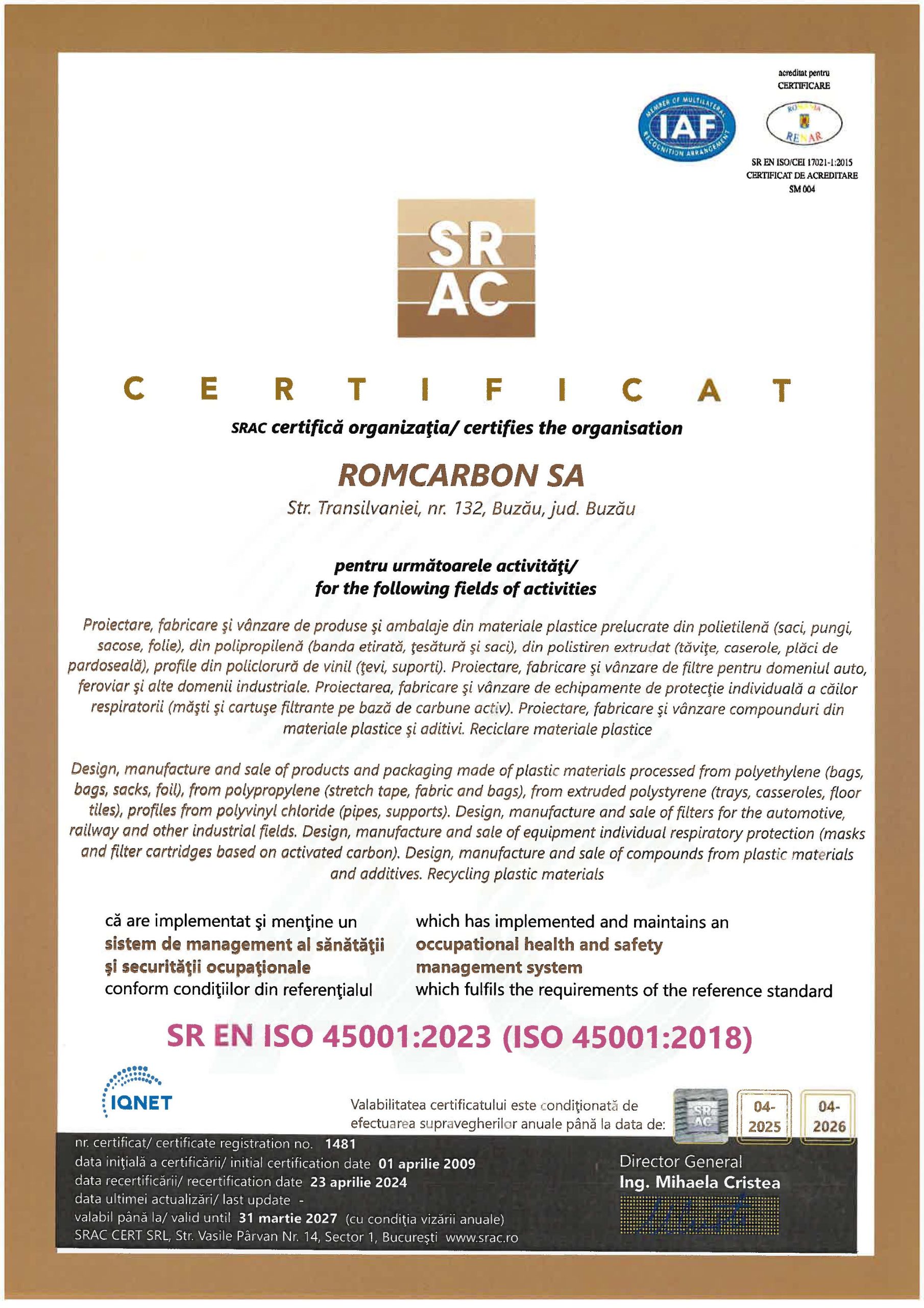 Certificari - Romcarbon SA BUZAU