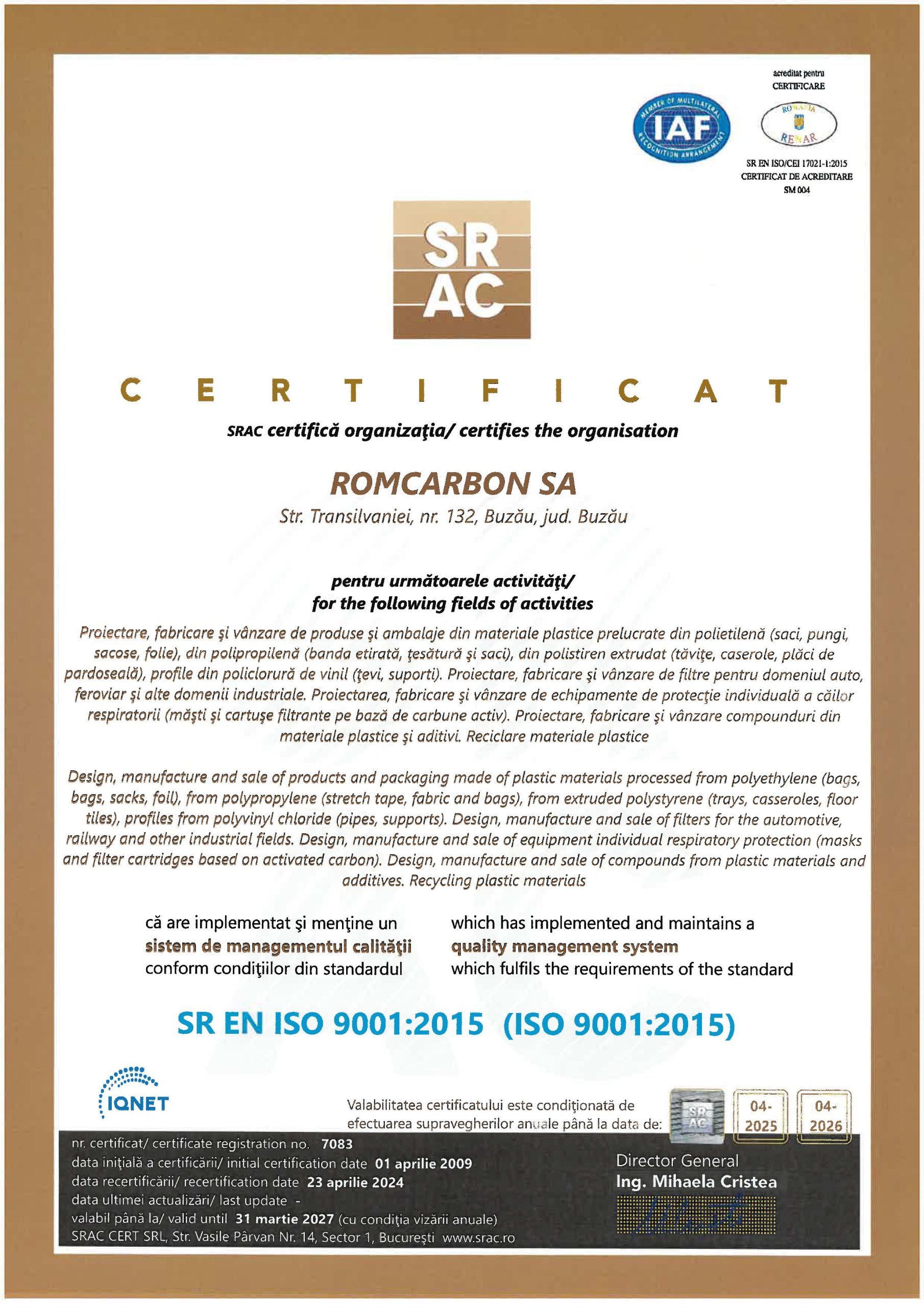 Certificari - Romcarbon SA BUZAU